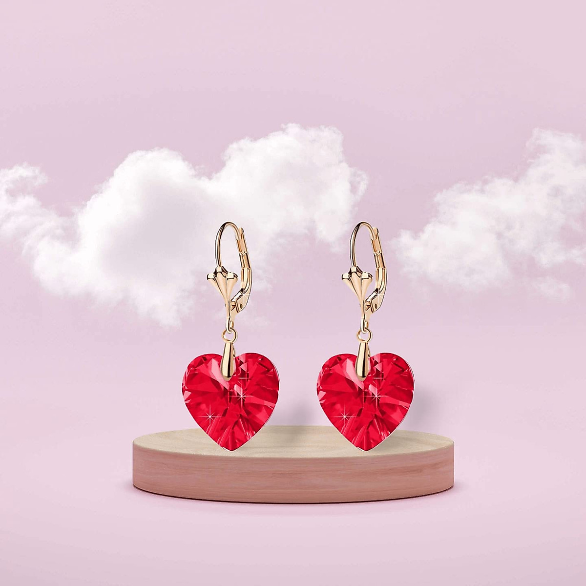 Austrian Crystal Heart Drop Leverback Earrings for Women Fashion Dangle Earring 14K Rose Gold Plated Hypoallergenic Jewelry (Red)