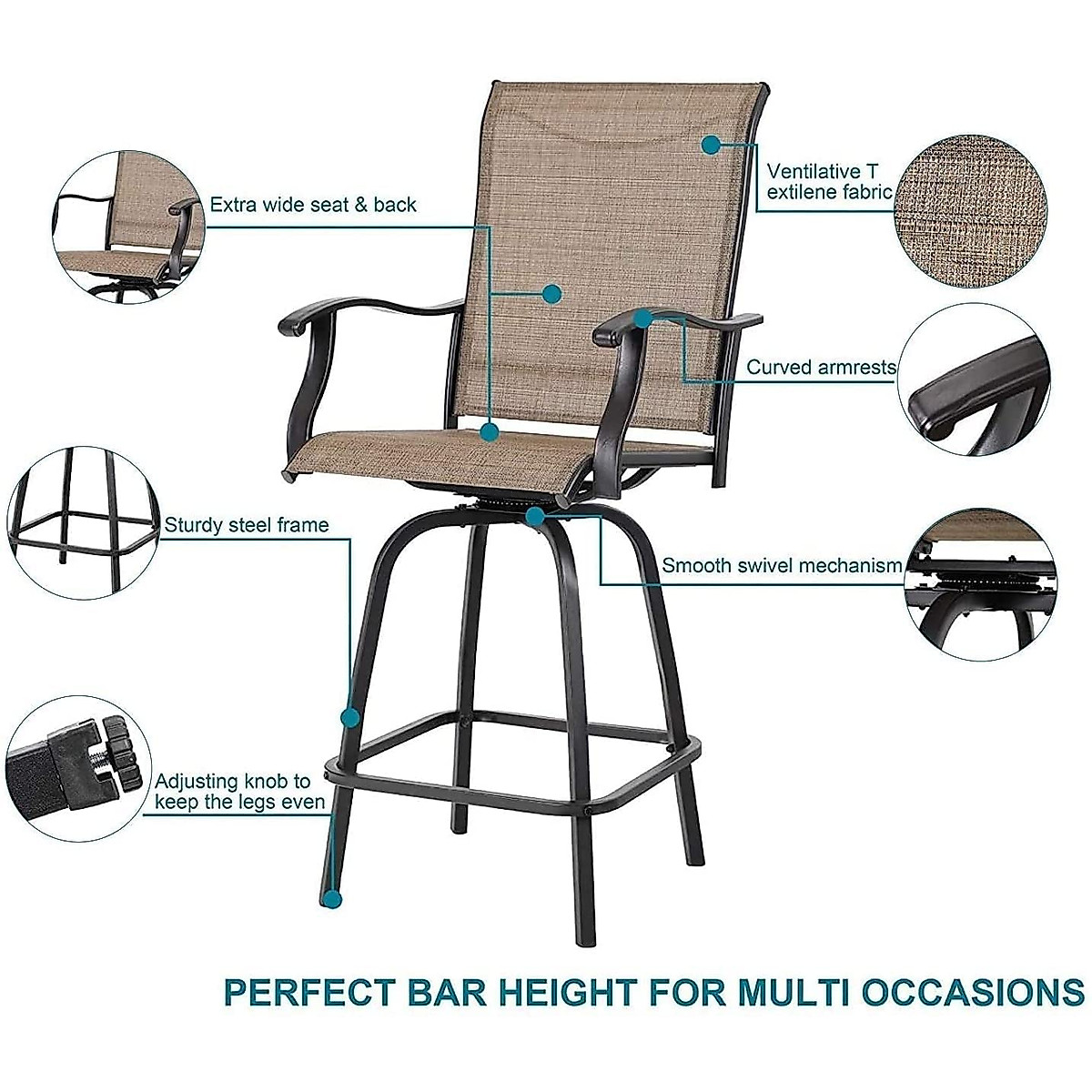 MFSTUDIO Outdoor Bar Stools Set of 4, Patio Bar Height Sling Chairs, Steel Frame All-Weather Resistant,Breathable Textilene Fabric