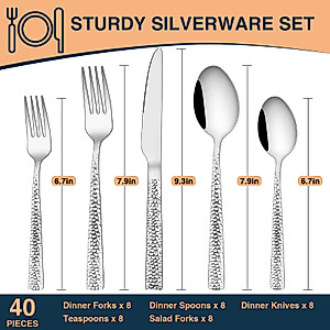 Hammered Silverware Set, 40 Pieces Stainless Steel Square Flatware Set for 8, Mirror Polished Tableware Cutlery Set for Home Kitchen Restaurant, Kitchen Utensils Set, Modern Design, Dishwasher Safe