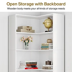 LITTLE TREE 70.8-in Tall Bookcase, 6-Tier White L-Shaped Bookshelf, Modern Corner Bookcase Bookshelf, Freestanding Display Storage Rack with Back Panel for Living Room, Bedroom
