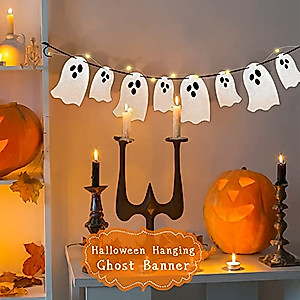 IWPTY Halloween Ghost Banner, Ghost Garland White Glittery Halloween Decorations for Party Indoor Outdoor Haunted Houses, Home House Doorways Mantel Wall Decor Supplies - 2 Packs with 2 String Lights