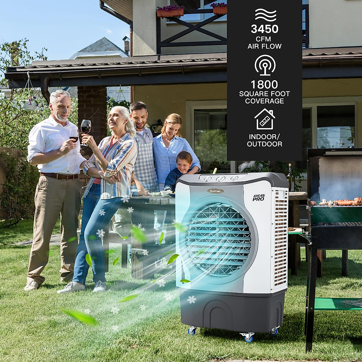 COSTWAY Evaporative Air Cooler, 3450 CFM Swamp Cooler with 100°Oscillation, 210W Cooling Fan, 3 Speeds & 3 Modes Cools up to 1800 Sq. ft, AC Unit with 4 Universal Casters for Indoor & Outdoor