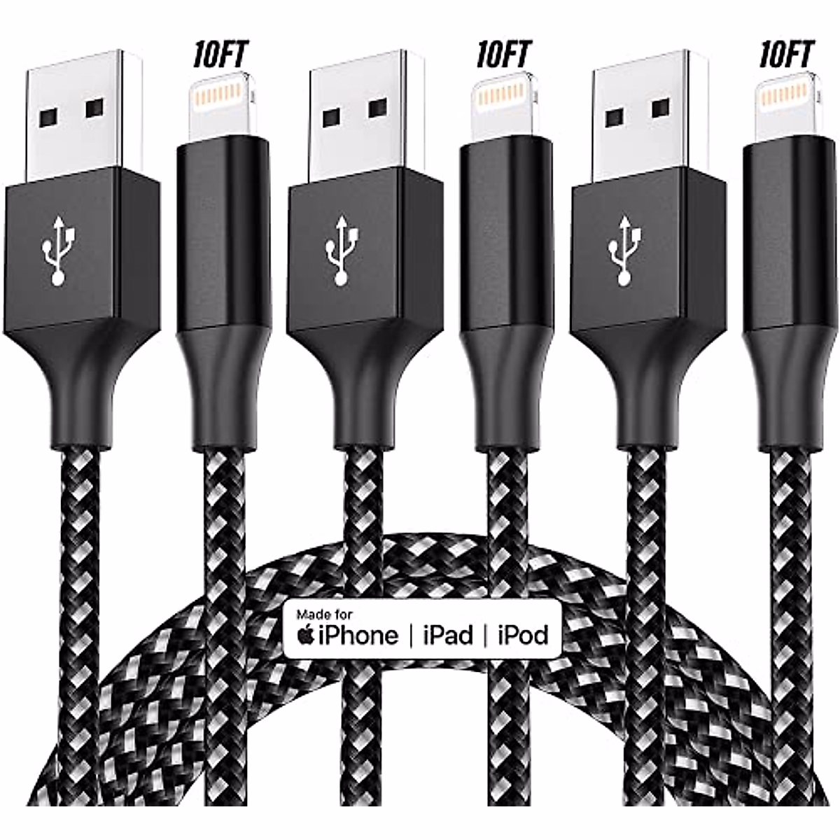 iPhone Charger [Apple MFi Certified] 3pack 10FT Long Lightning Cable Fast Charging High Speed Data Sync USB Cable Compatible iPhone 13/12/11 Pro Max/XS MAX/XR/XS/X/8/7/Plus/6S (Blacl)