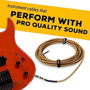 GLS Audio Instrument Cable - Amp Cord for Bass & Electric Guitar - Straight to Right Angle 1/4 Inch Instrument Cable - Brown/Yellow Braided Tweed, 20ft