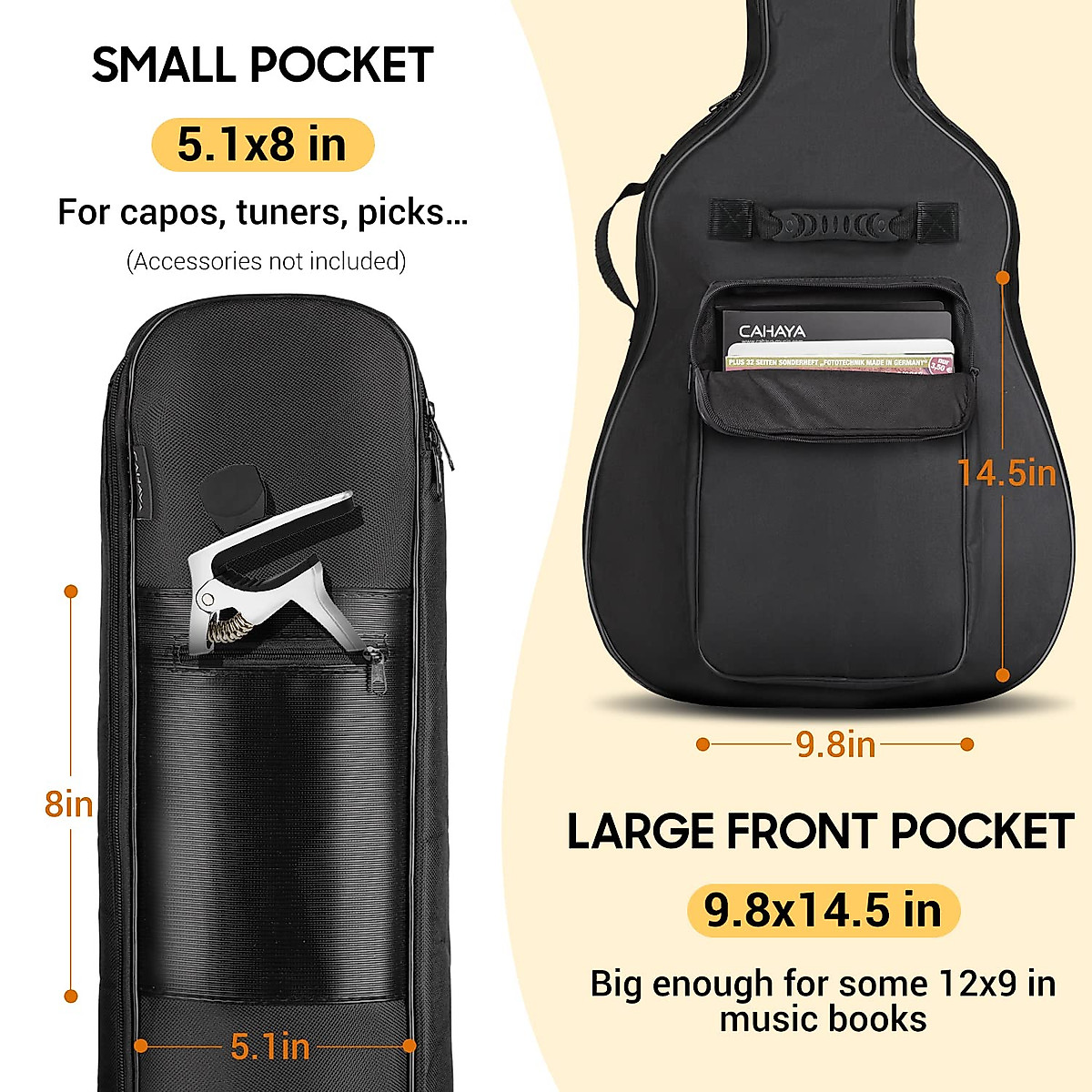 CAHAYA 41 In Acoustic Guitar Bag 0.35 In Thick Padding Water Resistent Dual Adjustable Shoulder Strap Guitar Case Gig Bag with Back Hanger Loop, Black CY0152