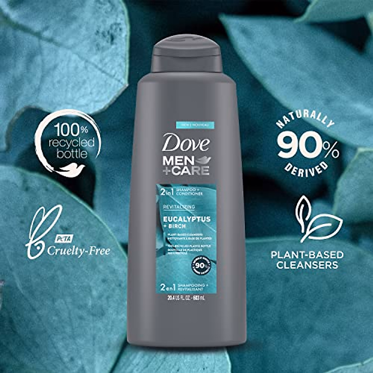 DOVE MEN + CARE 2 in 1 Shampoo Conditioner Eucalyptus + Birch 3 Count For Healthy-Looking Hair Naturally Derived Plant Based Cleansers 20.4 oz
