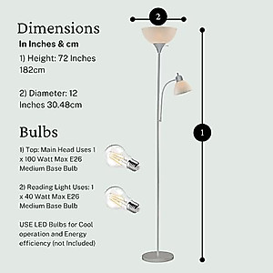 Adjustable Silver Floor Lamp with Reading Light By Light Accents - Susan Modern Standing Lamp For Living Room/Office Lamp 72" Tall - 150-watt With Side Reading Light Corner Lamp (Silver)