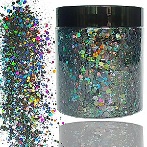 LuckForever 150g Holographic Black Chunky Glitter Flakes Mixed Hexagon Shape Nail Glitters Confetti Craft Sequins Manicure Sticker Accessories for Resin/Crafts/Nails/Body/Makeup