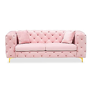 DAMAIFROM 79 Inch Sofa Couch Modern Velour Upholstered Couch Contemporary Tufted Velvet Casual Sofa High Arm and Metal Gold Legs Decor with 2 Piilows Big Comfy Couch Sofas for Living Room(Pink)
