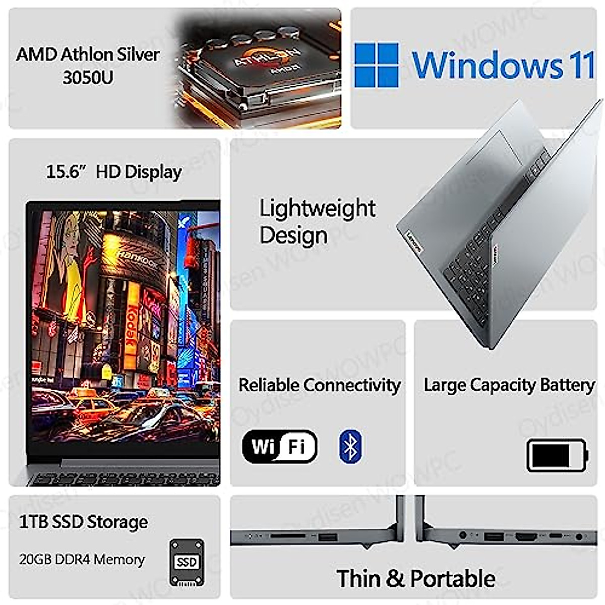 Lenovo 15.6" Laptop, IdeaPad 1, 20GB RAM, 1TB PCIe SSD, Wi-Fi 6 and Bluetooth 5.1, HDMI, SD Card Reader, 15.6" HD Anti-Glare Display, AMD Athlon Dual-core Processor, Windows 11 Home in S Mode
