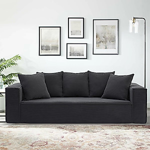 SumKea 3 Seater Sofa with 5 Pillows, Modern Minimalist Couch for Living Room, 89'’ Oversized Sofa with Extra Deep Seats, Vegan Corduroy Couch, Black