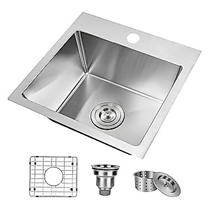 YSSOA Top-Mount Workstation Kitchen Sink, 20 Gauge Single Bowl Stainless Steel with 3 Accessories (Sink + Bottom Grid + Drain), 15-Inch, Silver