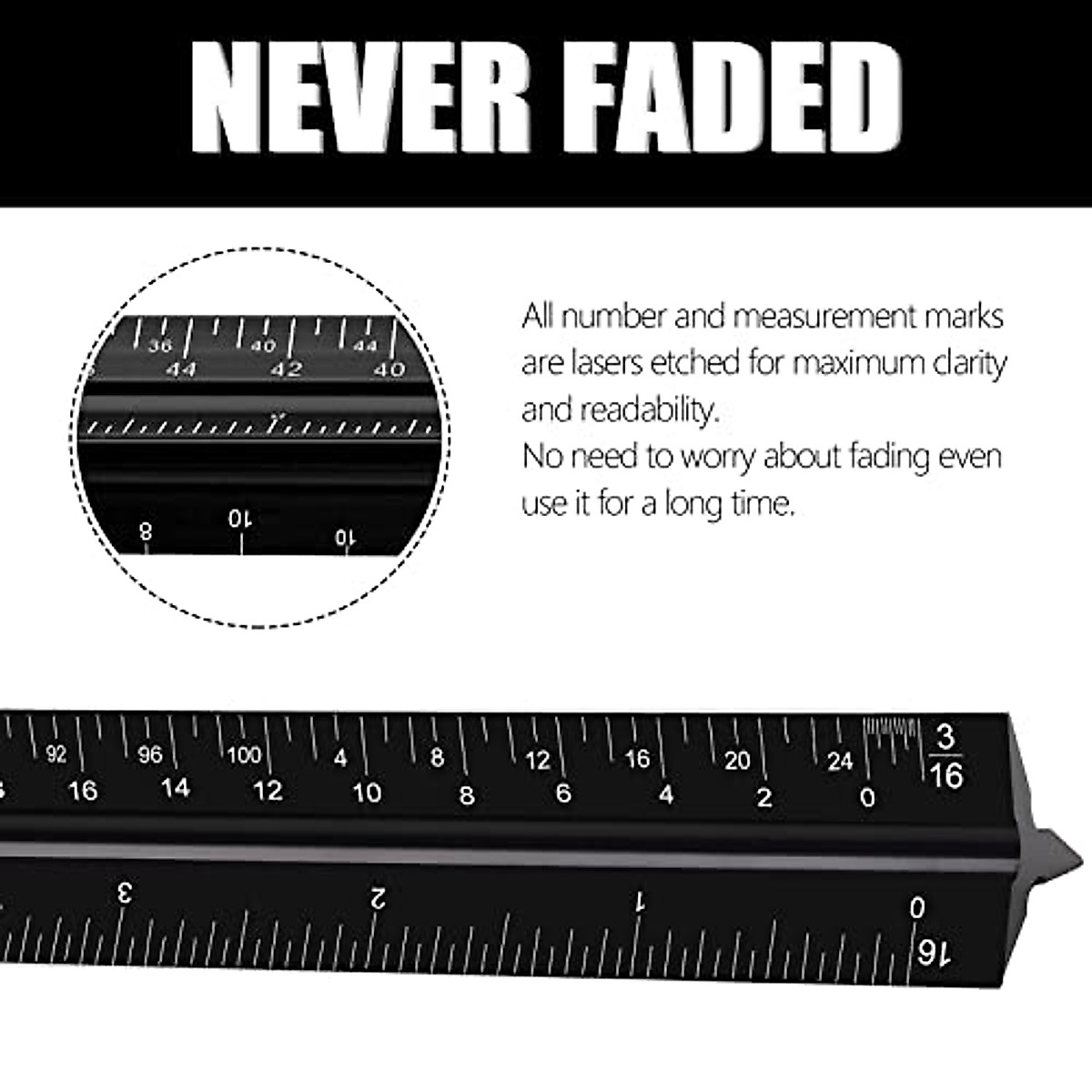 12"Architectural Scale Ruler, Aluminum Scale, Triangular Ruler, Scale Ruler for Blueprint Imperial Measurements for Architects Engineering Artists, Draftsman Drawing, Laser-Etched Markings.(Black)