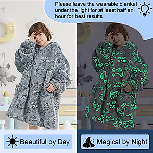 Fiosnow Glow in the Dark Game Controller Blanket Hoodies for Kids 6-13YR Oversize Wearable Blanket Hoodies for Boys Girls Teens