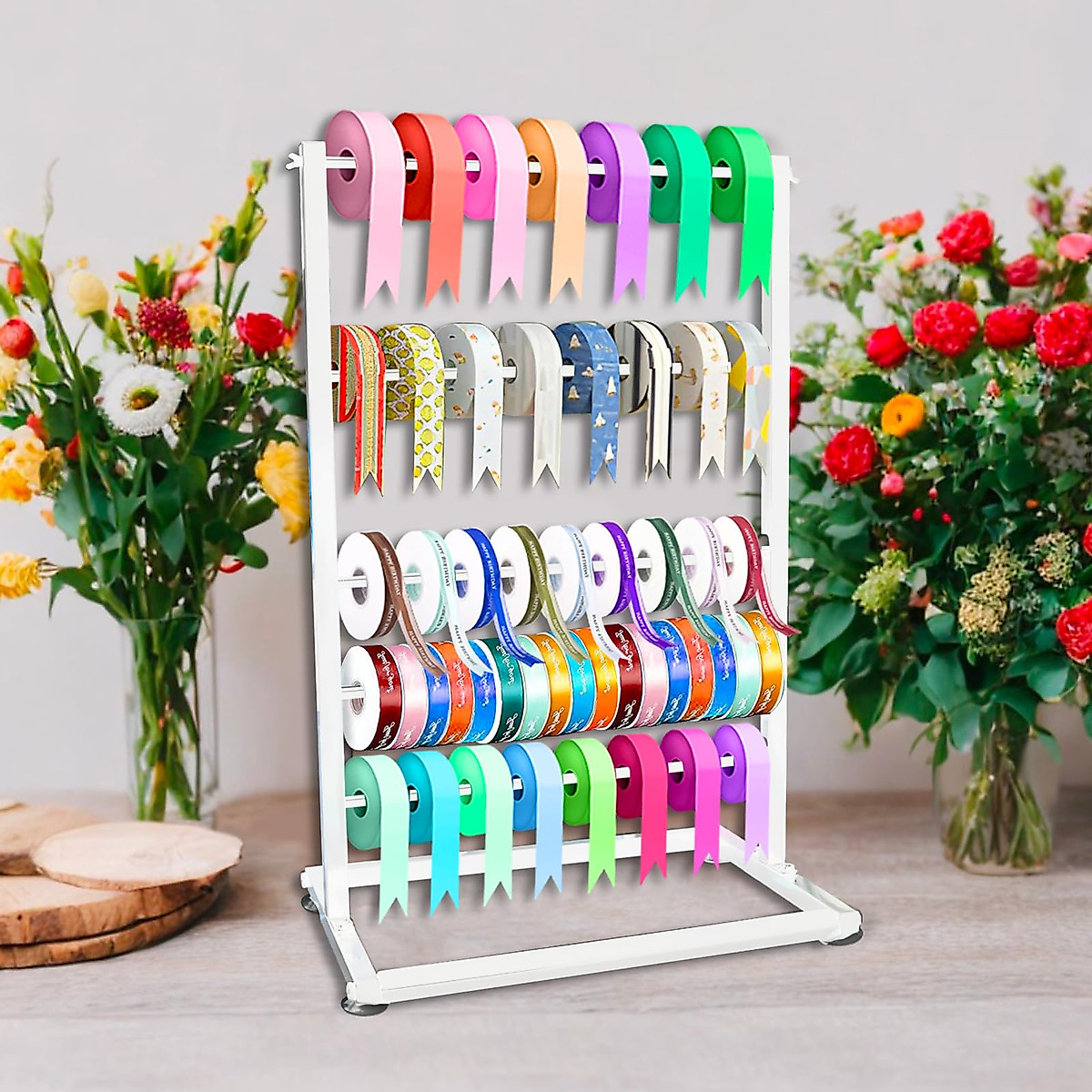 Mannxitzdy 5 Tier Ribbon Holder Organizer Rack, Ribbon Organizer, Ribbon Organizer Storage Ribbon Rack for Craft Room, Flower Store, Cake Shop, White