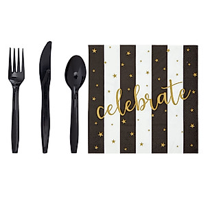 Juvale 144 Piece Black and White Party Supplies - Serves 24 Striped Celebrate Plates, Napkins, Cups and Cutlery Set for Birthday, Graduation