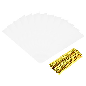 uxcell 100 Pcs Cone Cello Bags, Clear Flat Plastic Cello Treat Bags with Gold Twist Ties Candy Bags Cookie Bags for Christmas Snacks Candy Cookie Sweet