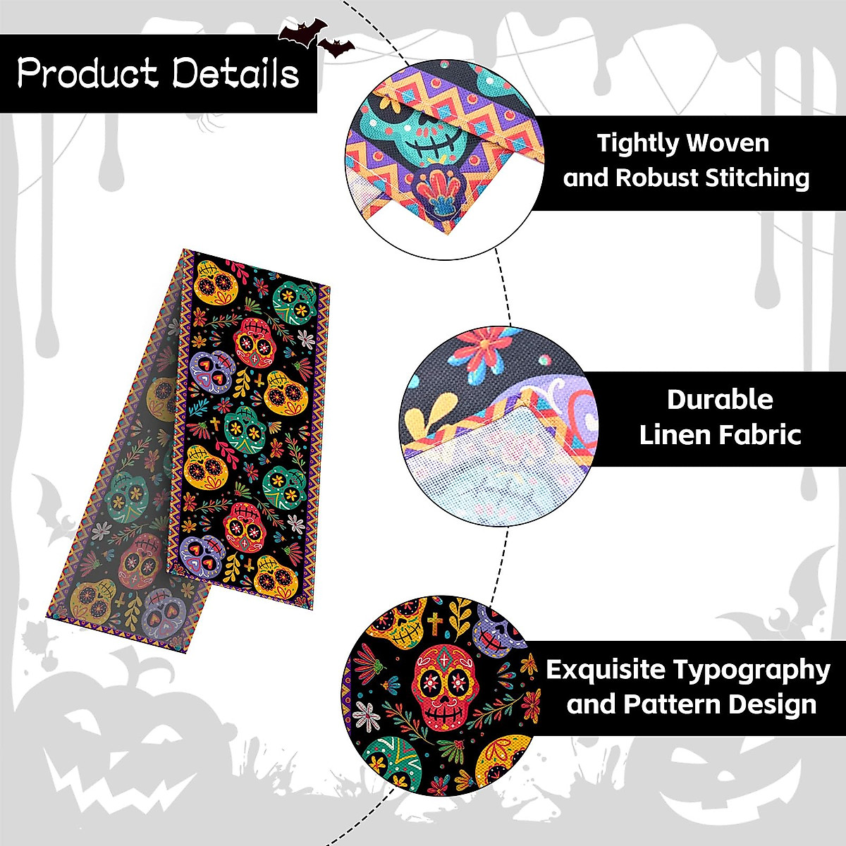72 x 13 Inch Day of The Dead Table Runner - Colorful Sugar Skull and Floral Pattern Table Runner for Dia de Los Muertos, Holiday, Home, Kitchen, Mantel, Dining Table Decor, Mexican Party Supplies