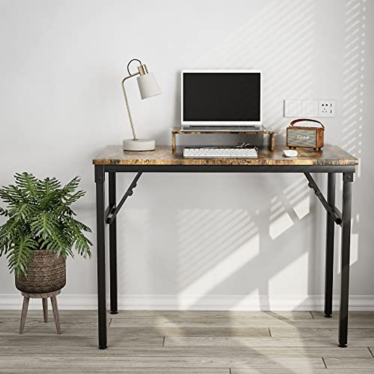 RISWER Computer Desk with Monitor Riser Folding Table Home Office Writing Study Desk 39” Width 19” Depth with Industrial Style Small Table Metal Frame Rustic Brown
