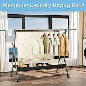 90 Inches Outdoor Clothes Drying Rack Foldable,Retractable Large Drying Rack Clothing,Heavy Duty Aluminum Laundry Drying Rack Collapsible with 42 Windproof Hooks and Drying Mesh for Outdoor Indoor