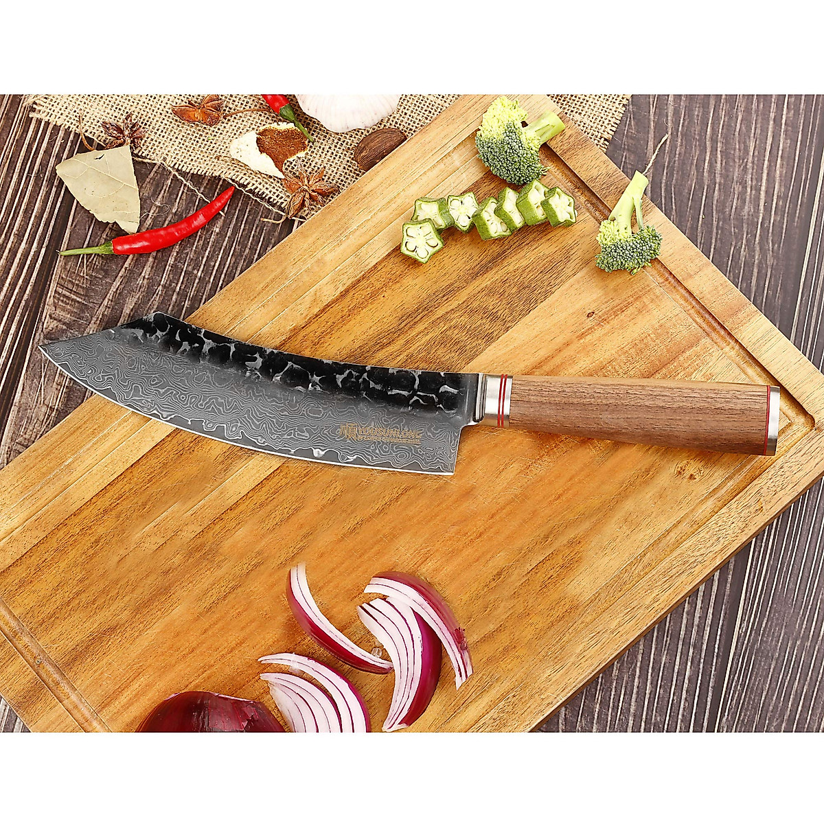 YOUSUNLONG Butcher Knife 8" Cimitar Hybrid Cleaver Japanese Hammered Damascus Steel Natural Walnut Wooden Handle
