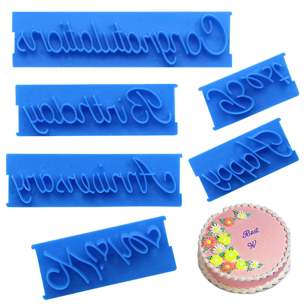 Cake Mold Words Stamp, Cookie Stamps, Words Stamp Happy Birthday Congratulation Anniversary Best Wishes Handwritten Letter Cutter Set Cake Decoration for DIY Cake Cookies Pastry (Blue)