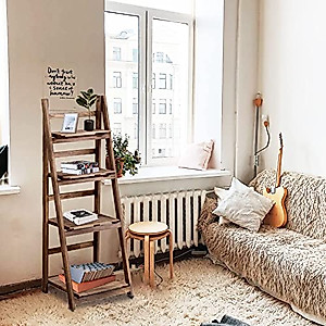 ECOMEX 4 Tier Ladder Shelf, Wooden Ladder Shelf 4 Tier Bookshelf Rustic Foldable Ladder Shelf Storage Rack for Home Bedroom Office, Brown