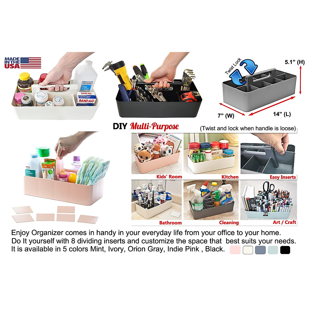 Enjoy Organizer -Large Portable Caddy, DIY Dividers, 8 Compartments, School Office Supplies Home Business Organizer,Portable Basket with Handle Made in USA (3 PACK, Mint/Pink/Lavender)