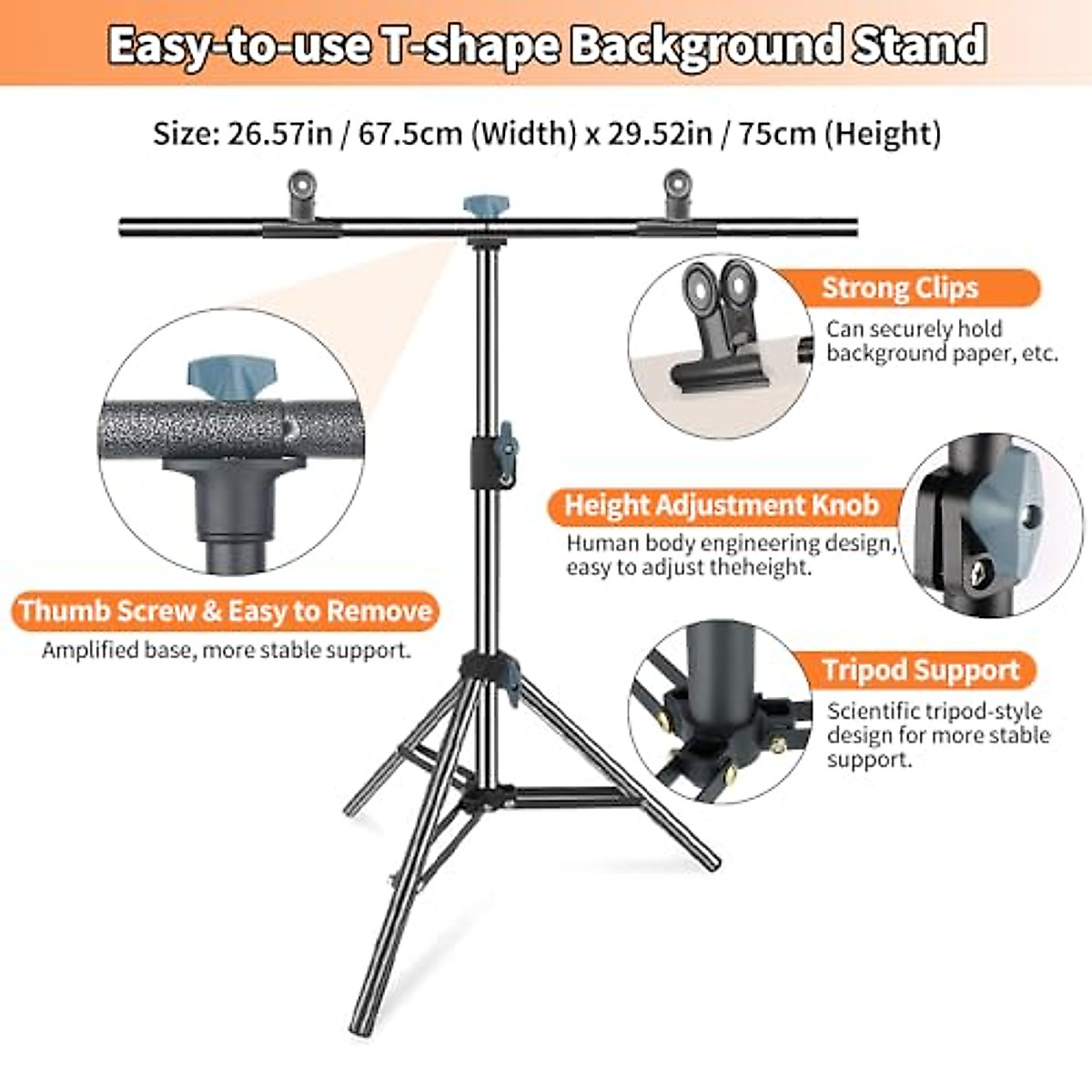 YAYOYA Portable T-Shape Backdrop Stand Kit 26 Inches Wide, Adjustable Small Desktop Photo Background Stand, Sturdy T Shape Support Stand Back Drop Holder with 2 Clip Clamps for Photography
