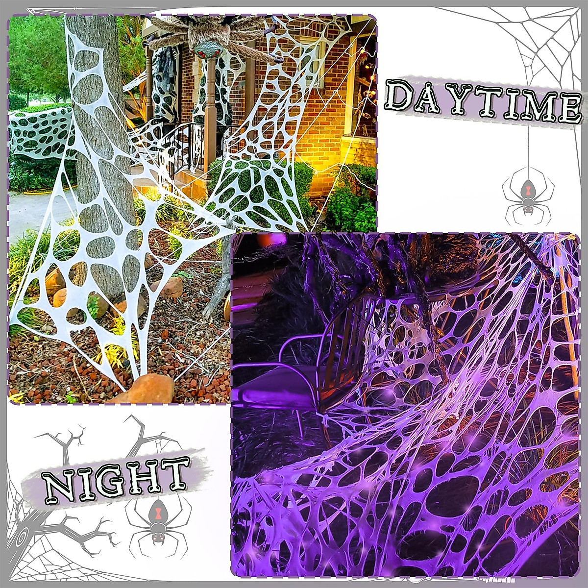 Beef Netting Spider Web for Halloween Outdoor Decoration White Stretchy Beef Netting Roll Spider Web with Purple LED String Lights for Light Up Scary Halloween Yard Garden Decorations