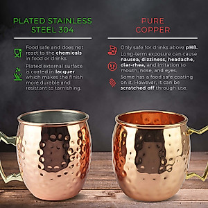 PG Moscow Mule Mugs | Large Size 19 ounces | Set of 4 Hammered Cups | Stainless Steel Lining | Pure Copper Plating | Gold Brass Handles | 3.7 inches Diameter x 4 inches Tall