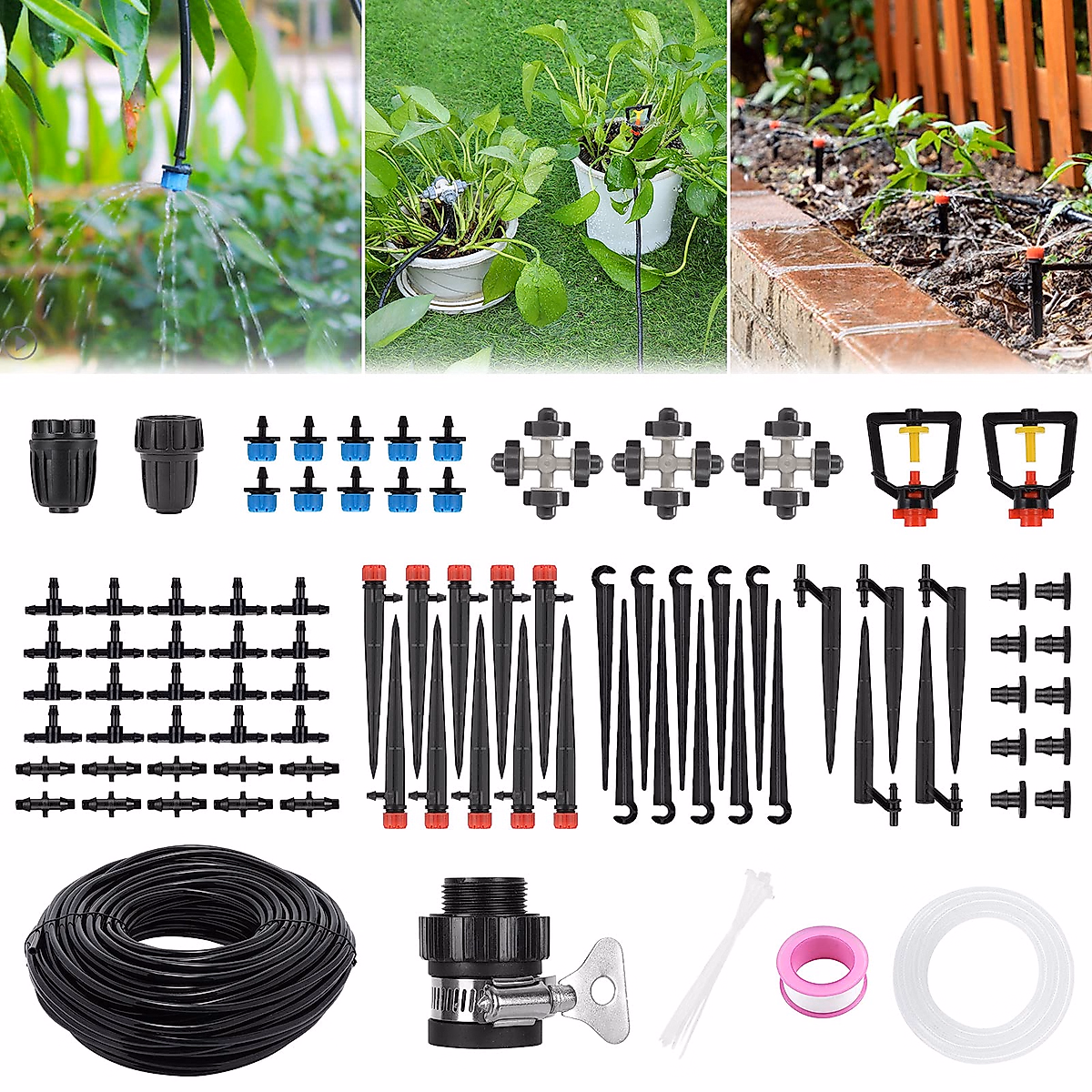 Drip Irrigation Kits, Fixget 43/141ft Garden Irrigation System with Adjustable Automatic Irrigation Set, DIY Plant Watering System for Saving Water Mist Cooling of Garden Greenhouse Patio Lawn
