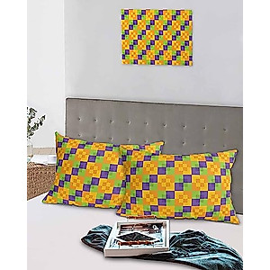 Edwiinsa Halloween Pillow Covers King Standard Set of 2 Bed Pillow, Yellow Green Purple Plaid Checkered Geometric Plush Soft Comfort for Hair/Skin Cooling Pillowcases with Envelop Closure 20''x36''