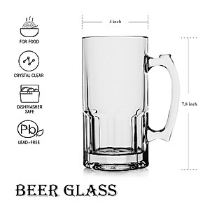 BaveL Style Extra Large Beer Mug 35 Ounce,Large Glass Mugs With Handle,One Liter German Beer Stein Super Mug (35 oz)