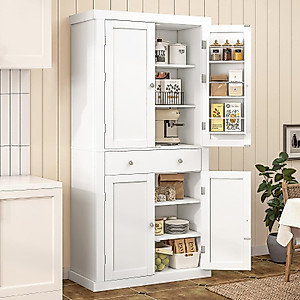 usikey 72” Kitchen Pantry Cabinet, Tall Storage Cabinet with 4 Doors and 1 Drawer, Cupboard with 6 Hanging Shelves and Adjustable Shelves for Kitchen, Dining Room, Living Room, White
