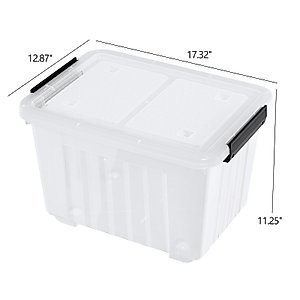 Zopnny 30 Quart Plastic Stacker Box, Large Storage Bin Container with Latching Lids and Wheels for Home and Garage Organizing, Shoes, Tools, Clear Base, 4-Pack