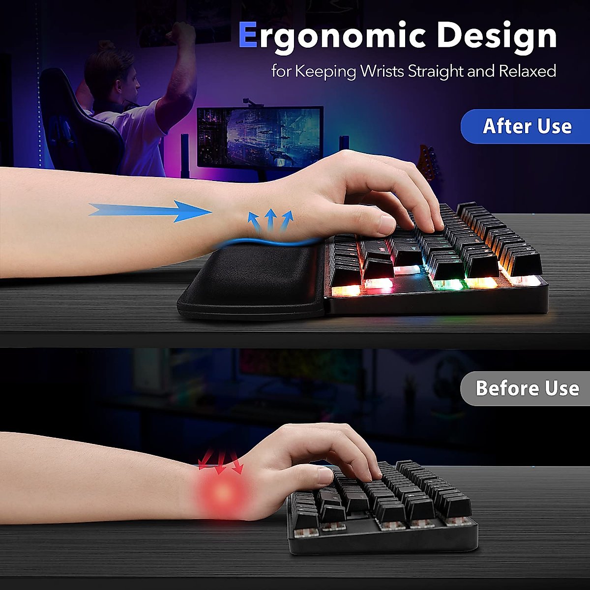 Gimars Ergonomic Gaming TKL Keyboard Wrist Rest, Memory Foam Wrist Support with Stitched Edge, Anti-Slip Tenkeyless Keyboard Wrist Pad for Office, Gaming, Computer PC Laptop