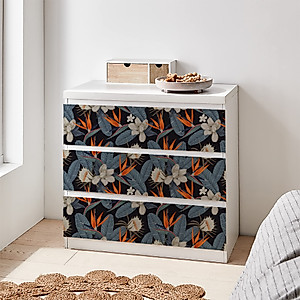 UniGoos White Floral Peel and Stick Wallpaper Black Background Blue Palm Flower Contact Paper Vinyl Self-Adhesive Vintage Wall Paper Roll for Cabinet DIY Decor 17.7" x 118"