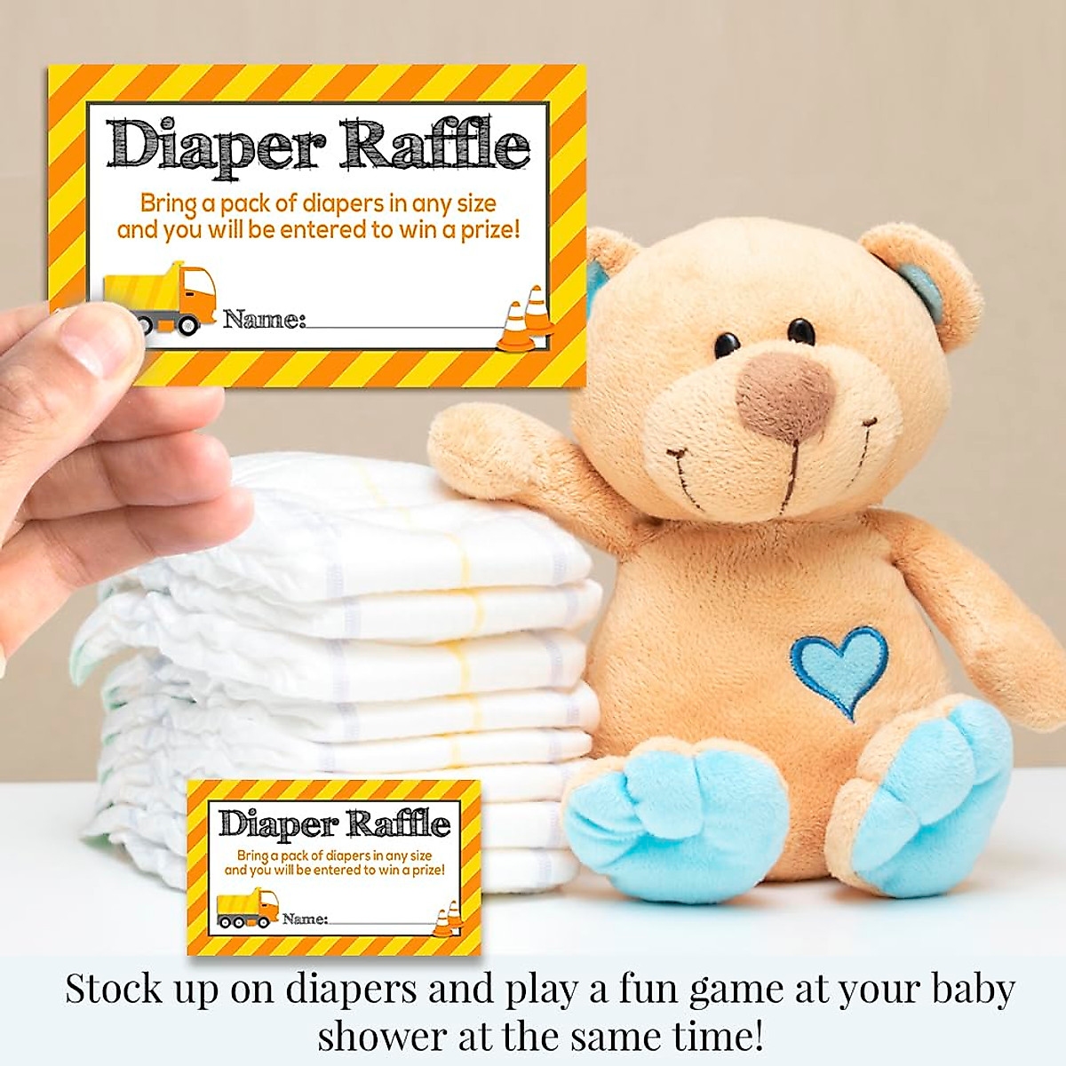 Amanda Creation Baby Under Construction Diaper Raffle Tickets for Baby Boy Showers, 20 2" X 3” Double Sided Insert Cards for Games, Bring a Pack of Diapers to Win Favors & Prizes!