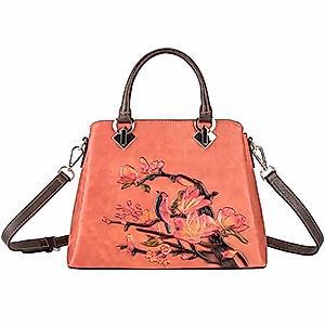 LDCHNH Fashion Genuine Leather Handbag Ladies Large Capacity Vintage Bag Floral Pattern Vintage Style Tote Bag