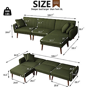 NOBLEMOOD Sectional Sofa Bed, Convertible L-Shaped Couch, Modern 3 Seat Linen Fabric Couch Sofa with Ottoman 3 Pillows Adjustable Backrest for Apartment Living Room (Moss Green)