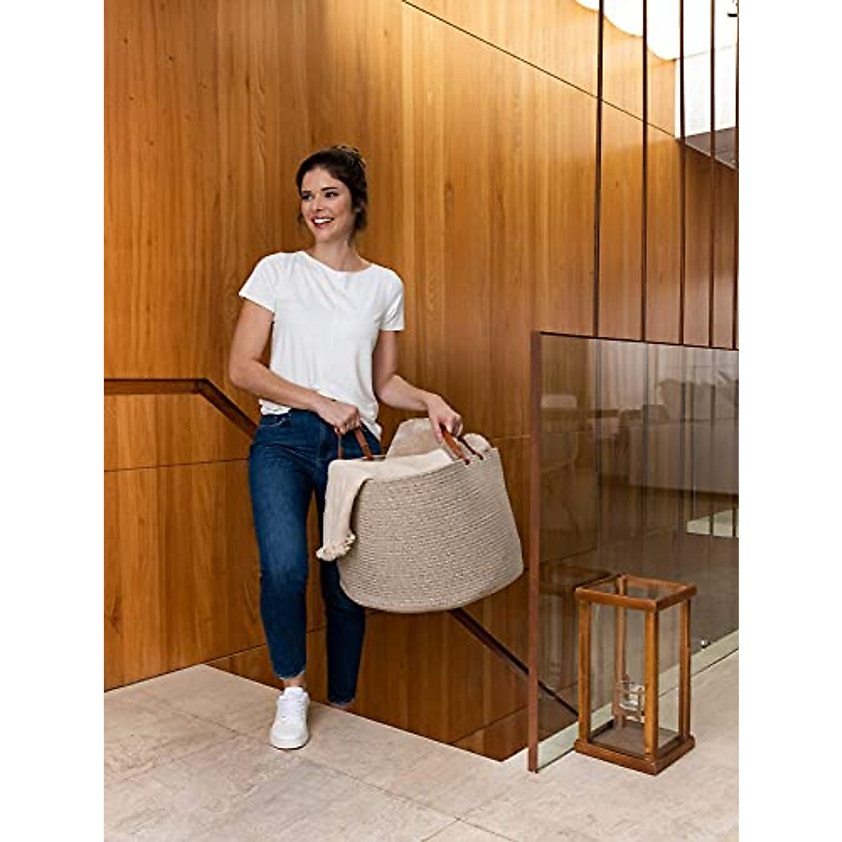 OrganiHaus Brown Large Storage Baskets for Organzing 20x13 | Large Woven Laundry Basket | Blanket Basket for Living Room | Round Basket for Shoes | Cotton Rope Basket for Entryway w/Leather Handles