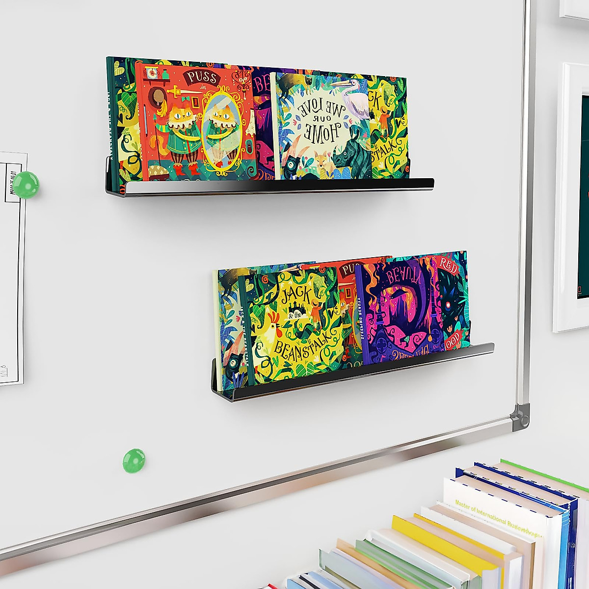 NiHome Set of 2 Magnetic Acrylic Floating Book Shelves, 24 Inches Long for Whiteboard, Classroom and Fridge Storage, Holds Up to 8.5 lbs, Sleek Design Organizer for Large Picture Adhesive (Black)