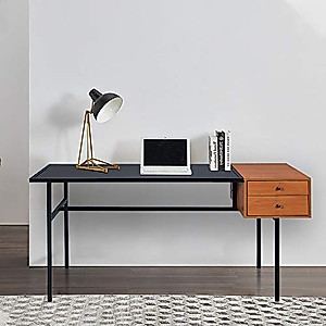 Goujxcy Computer Desk with 2 Storage Drawers, Home Office Reading Writing Desk, Wooden Storage Drawer Metal Frame