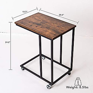 Zoyoleader C Shaped End Side Table, Vintage Sofa Couch Table with Wheel, Industrial Bedside Table with Metal Frame for Living Room, Bedroom, Rustic Brown (C Shape)