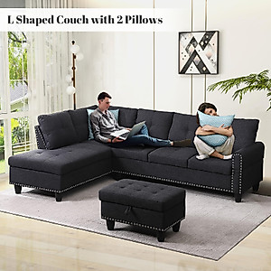 Rovibek L Shaped Sectional Couch with Ottoman and Pillows, 2 Cup Holders Design Living Room Sofa Set for Apartment, Office