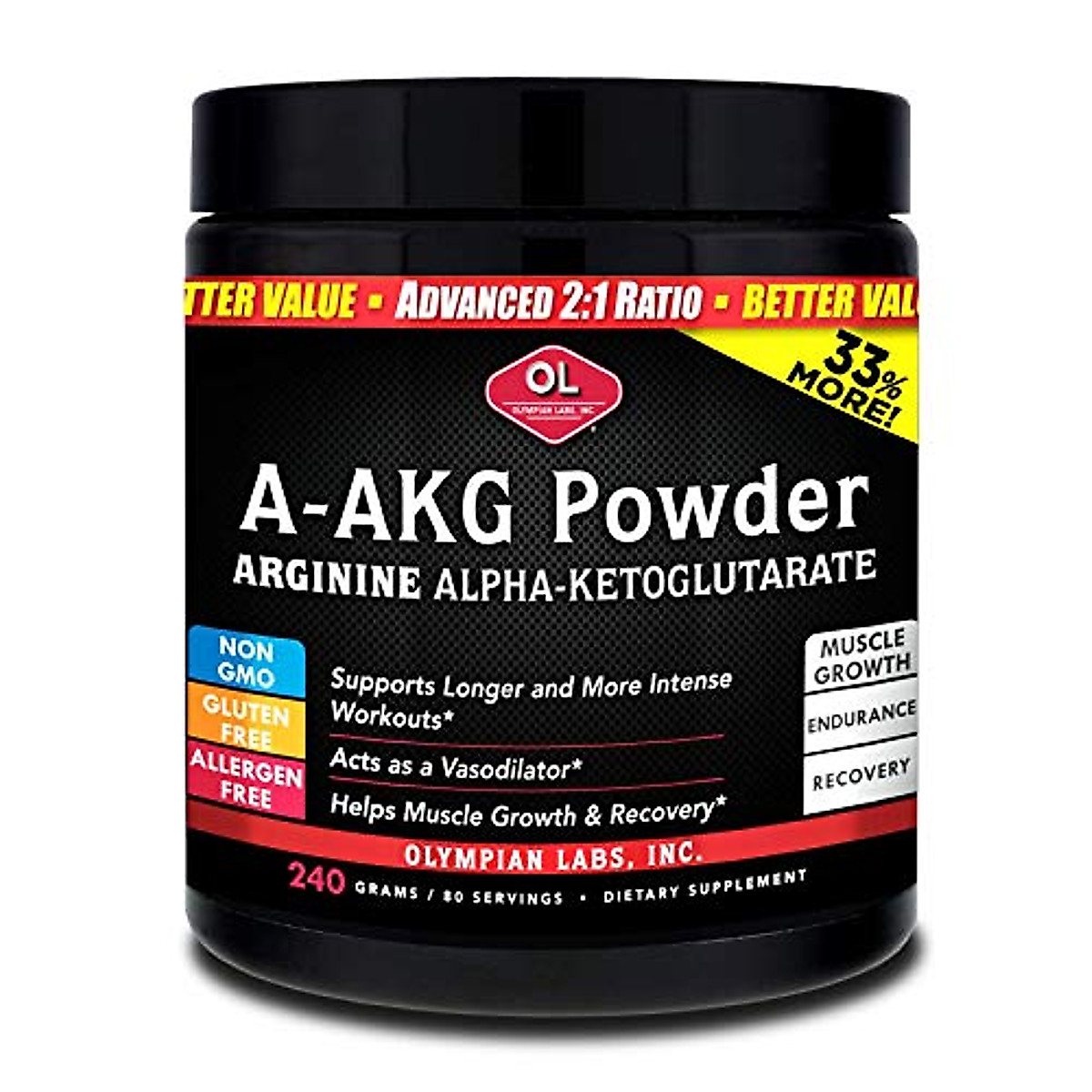Olympian Labs PSN A-AKG Powder for Men's Health, Energy & Sports Nutrition Performance, 80 Servings, 240 Gram Jar