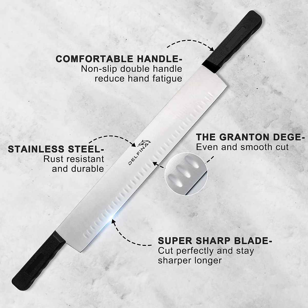 DELFINA 15 Inch Double Handle Cheese Knife with Blade Protector, Stomatal Blade with 5" Plastic Comfortable Handles, Cheese Knife for Cheese,Cakes,Vegetables,Butter,Soaps