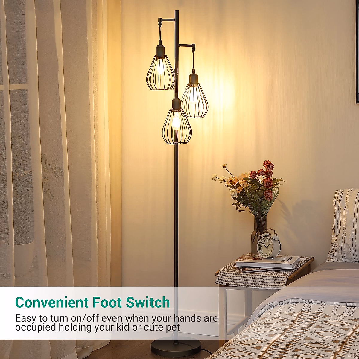 EDISHINE Industrial Floor Lamp, Tree Floor Lamp with 3 Elegant Teardrop Cage Head & 4W 3000K Edison Bulbs, Sturdy Base Standing Floor Lamp for Bedroom, Living Room, Office, E26 Base