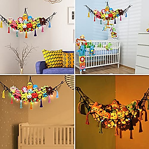KanYool Stuffed Animal Net or Hammock, Boho Net Hammock for Stuffed Animals with Led Lights Wall Corner Storage Hanging Plush Toy Net with Tassels Teddy Bear Net Black